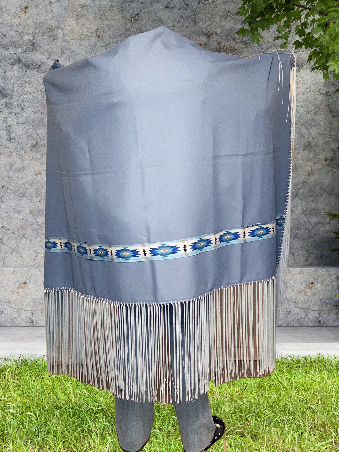 Native-style Powder Blue, Gabardine Dance Shawl With Hand-tied Fringe ...