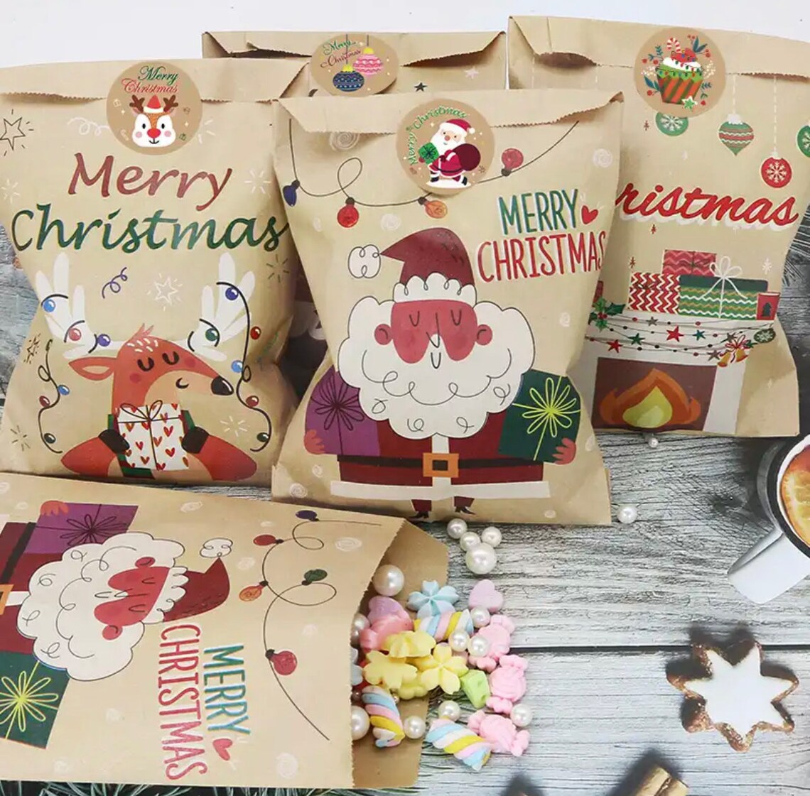 24set Christmas Gift Bag Paper Bags Party Cookie Candy Packaging Bags ...