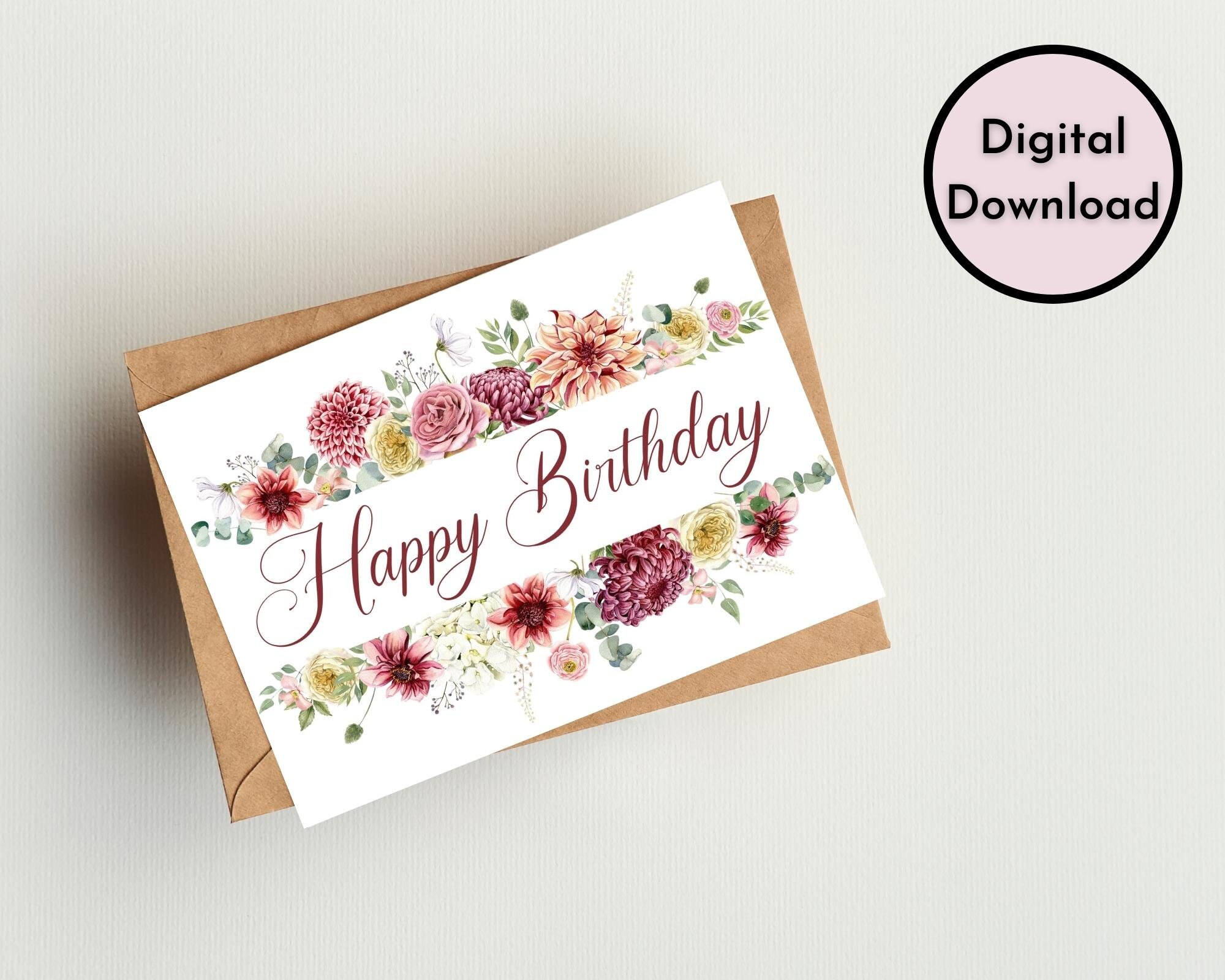 Floral Happy Birthday Card DIGITAL Download Printable Birthday Card ...