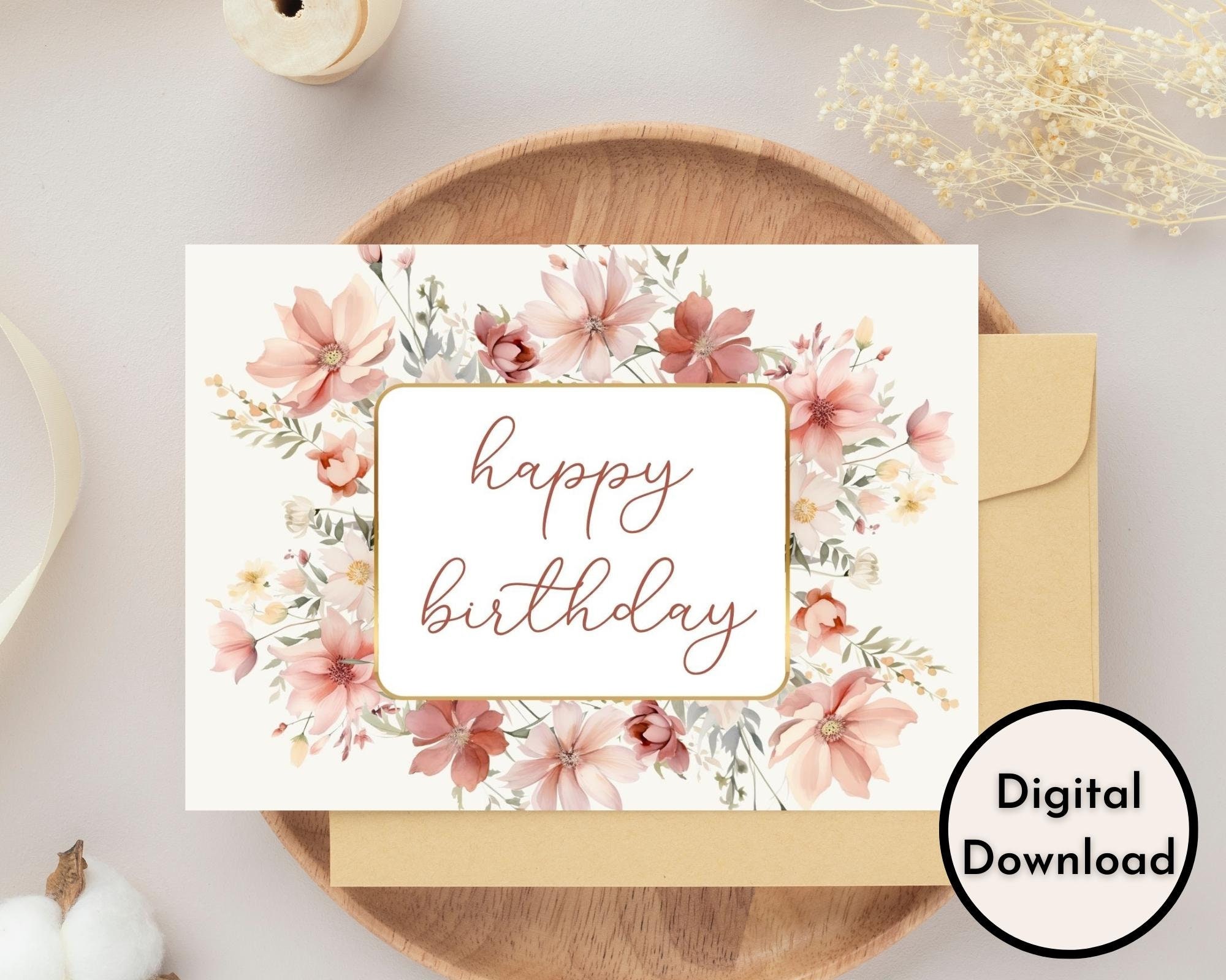 Floral Happy Birthday Card DIGITAL Download Printable Birthday Card ...