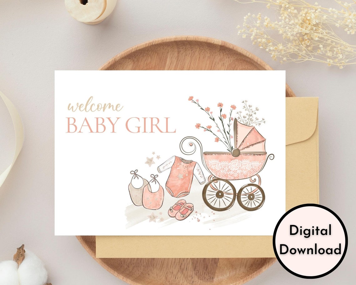 Welcome Baby Girl Card - DIGITAL Download - Printable Welcome Baby Girl ...