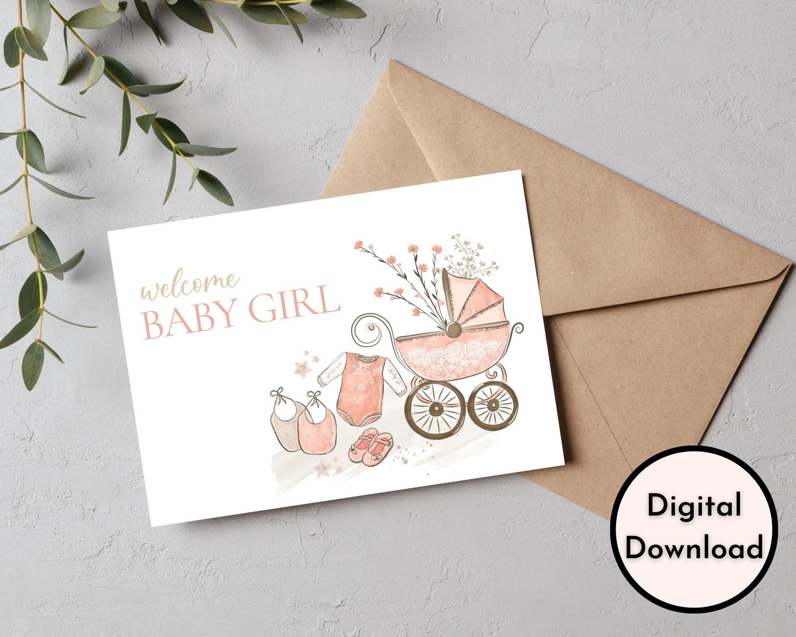 Welcome Baby Girl Card - DIGITAL Download - Printable Welcome Baby Girl ...