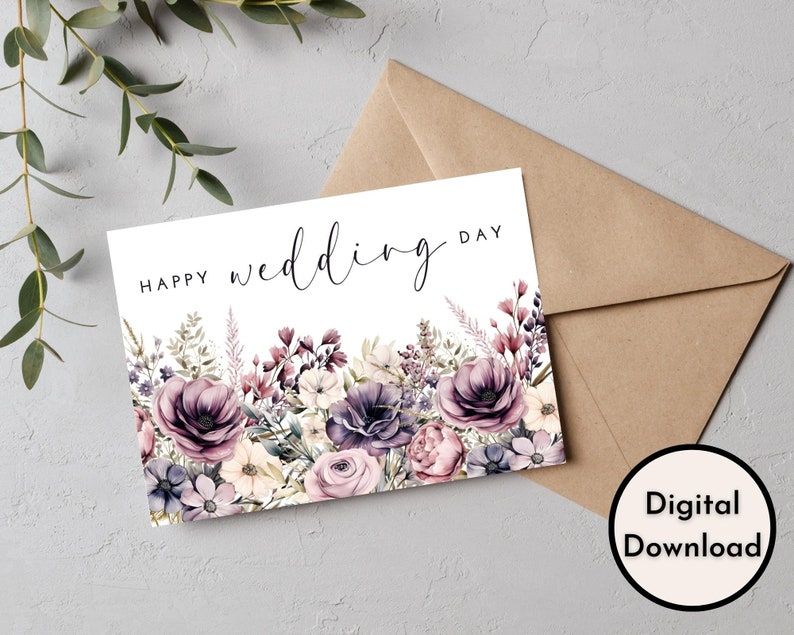 Floral Happy Wedding Day Card - DIGITAL Download - Printable Pink and ...