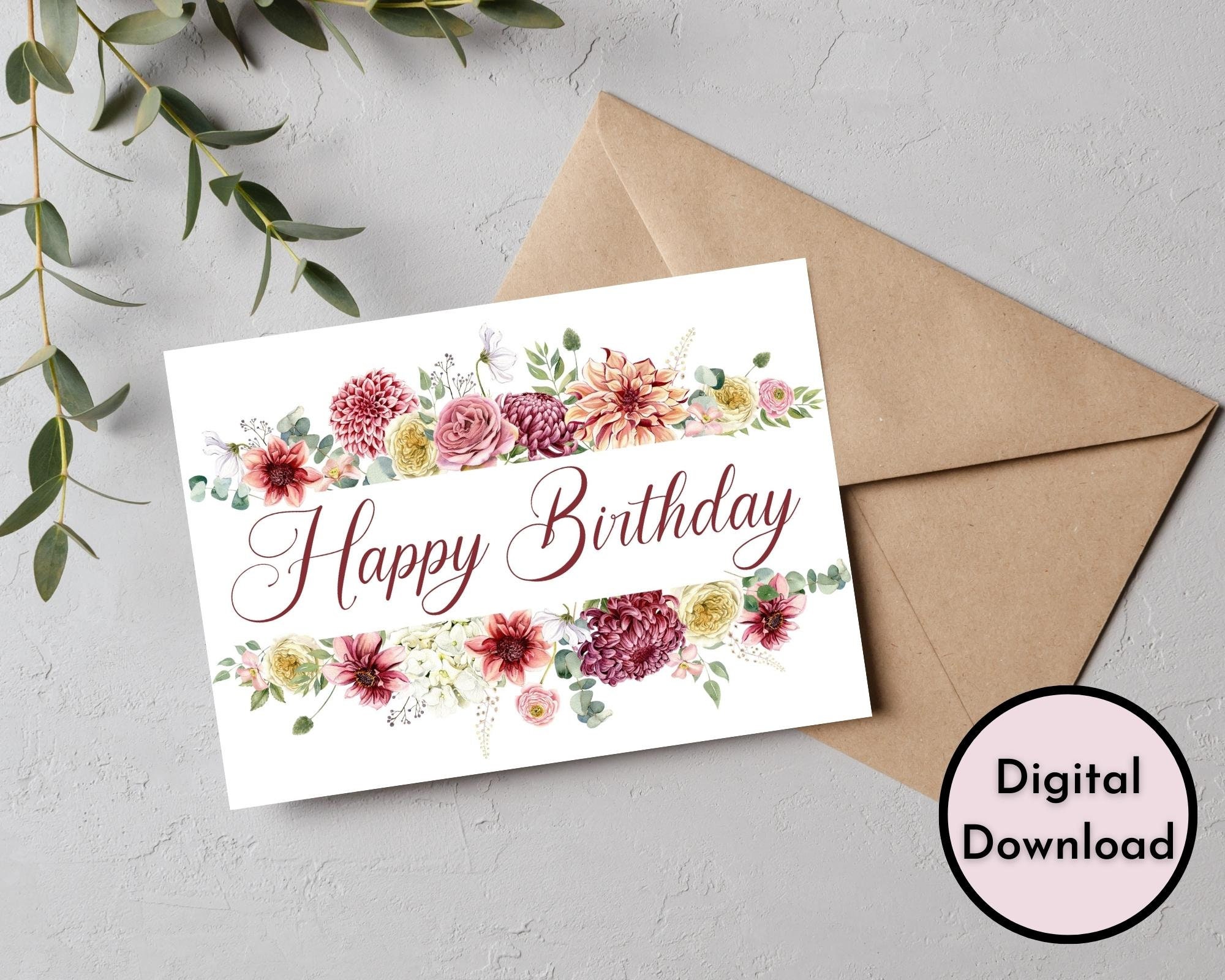Floral Happy Birthday Card - DIGITAL Download - Printable Birthday Card ...