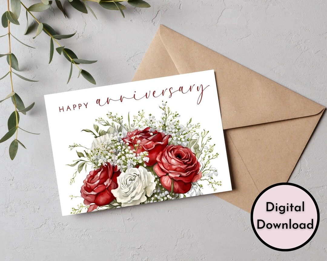 Happy Anniversary Card - DIGITAL Download - Printable Red Roses ...