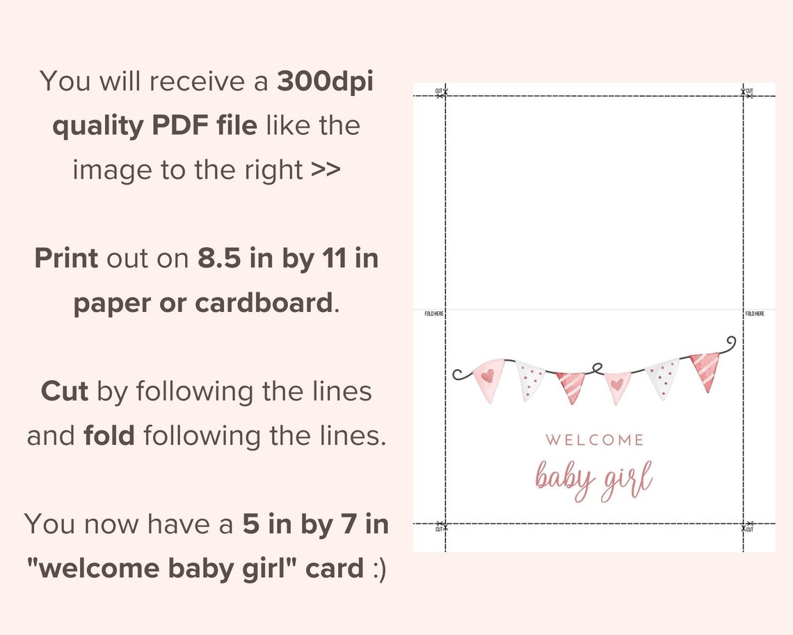 Welcome Baby Girl Card - DIGITAL Download - Printable Welcome Baby Girl ...