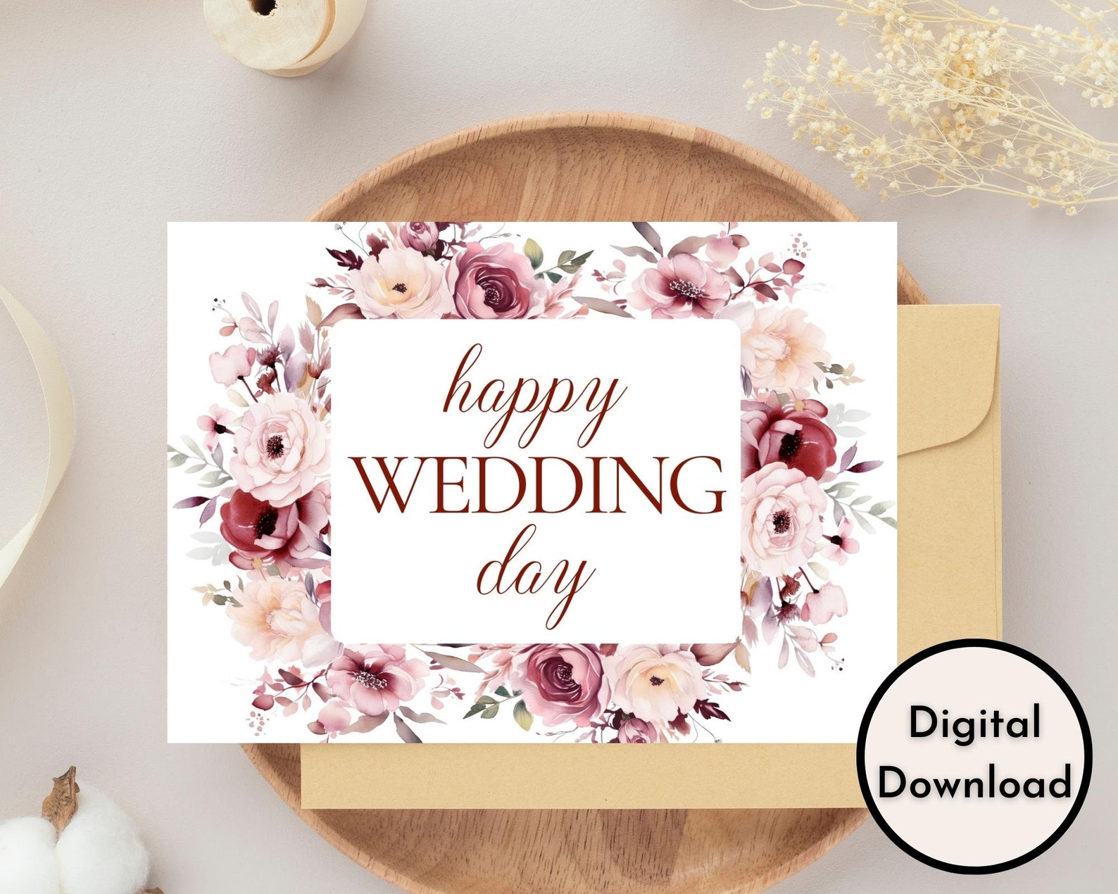 Floral Happy Wedding Day Card - DIGITAL Download - Printable Wedding ...