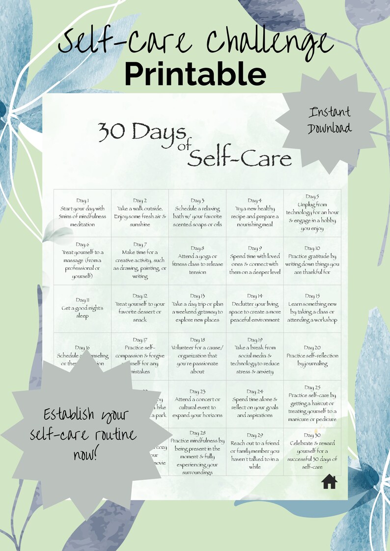 Self Care Guide Printable, 30 Days Health Challenge PDF, Personal ...