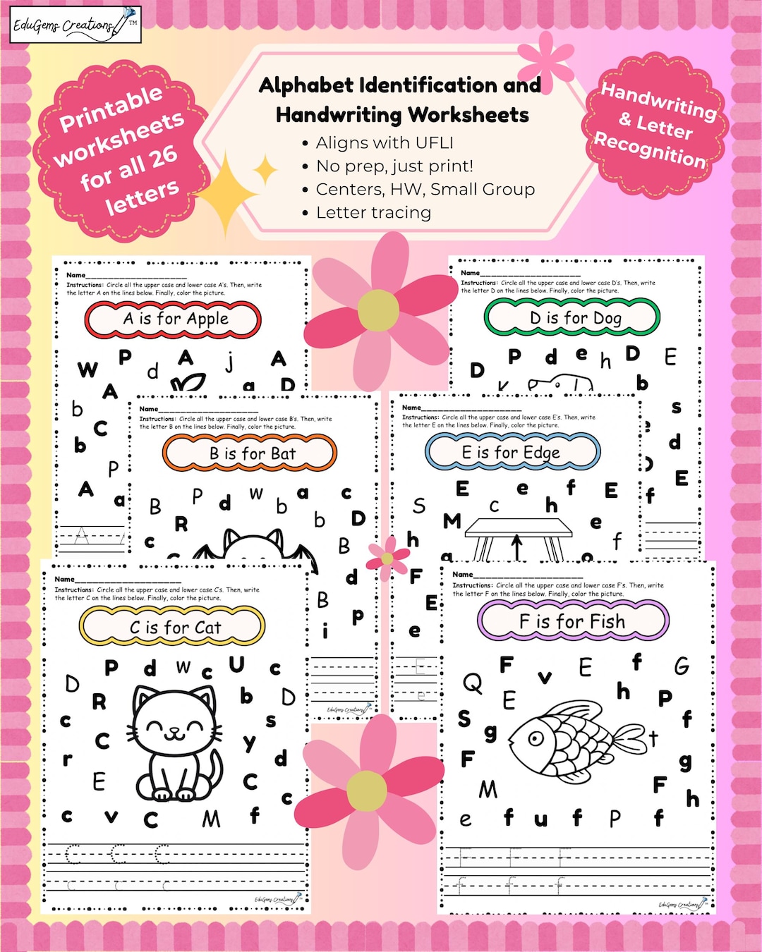 Alphabet Letter Identification and Handwriting Practice Worksheets - Etsy
