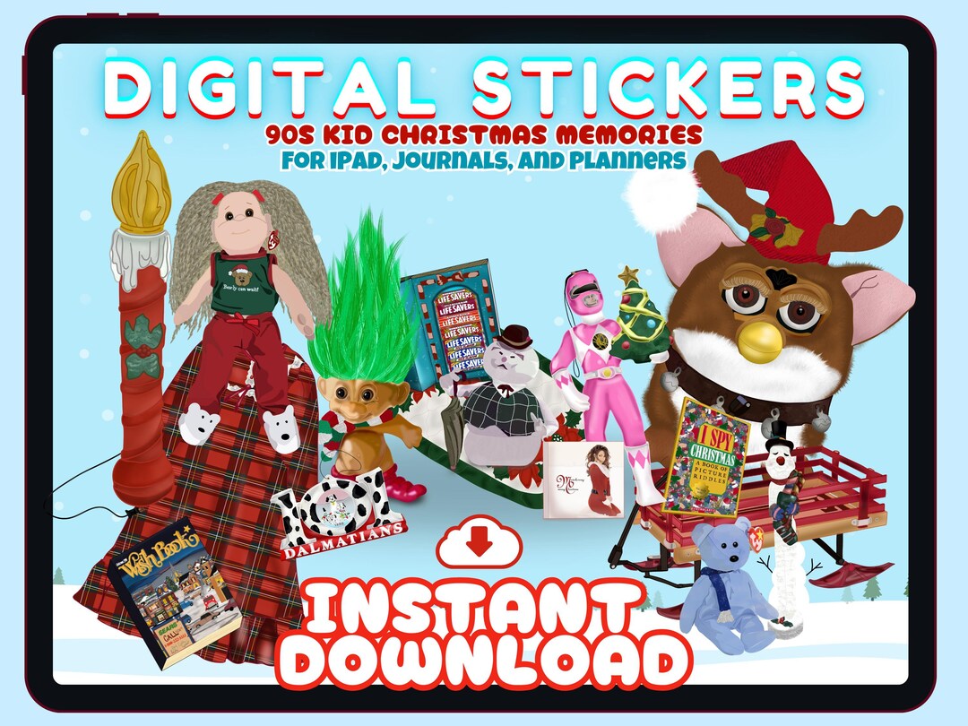 90s Christmas Nostalgia Stickers Retro Y2K Digital Clipart Pack Hand ...