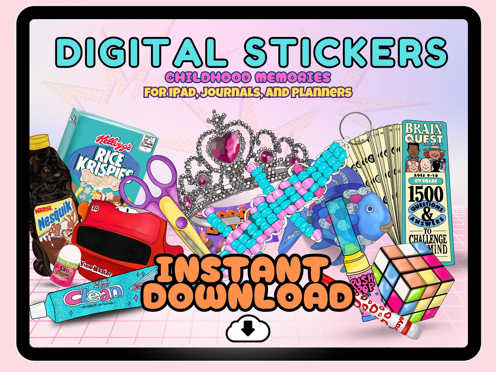 90s Nostalgic Clipart Bundle: Retro Hand-drawn PNG Stickers (digital ...