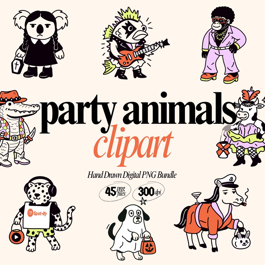 Party Animals Clipart: Hand-drawn Animal Costumes, PNG Stickers ...