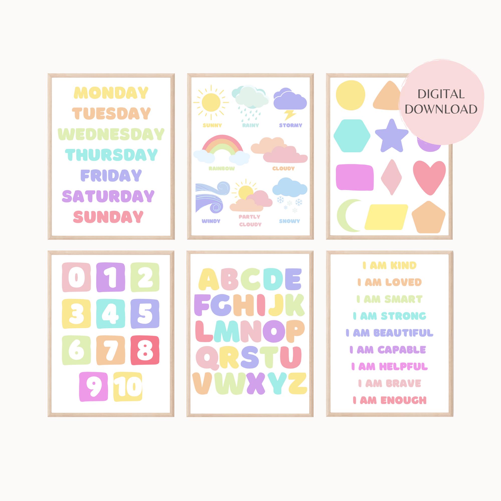 Educational Wall Art Pack, Classroom Printable Set of 6, Bright Rainbow ...