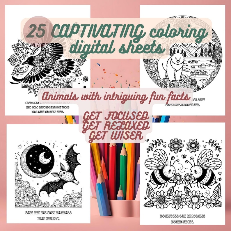 Printable Digital Adult Coloring Pages Sheets, Book Animals With ...