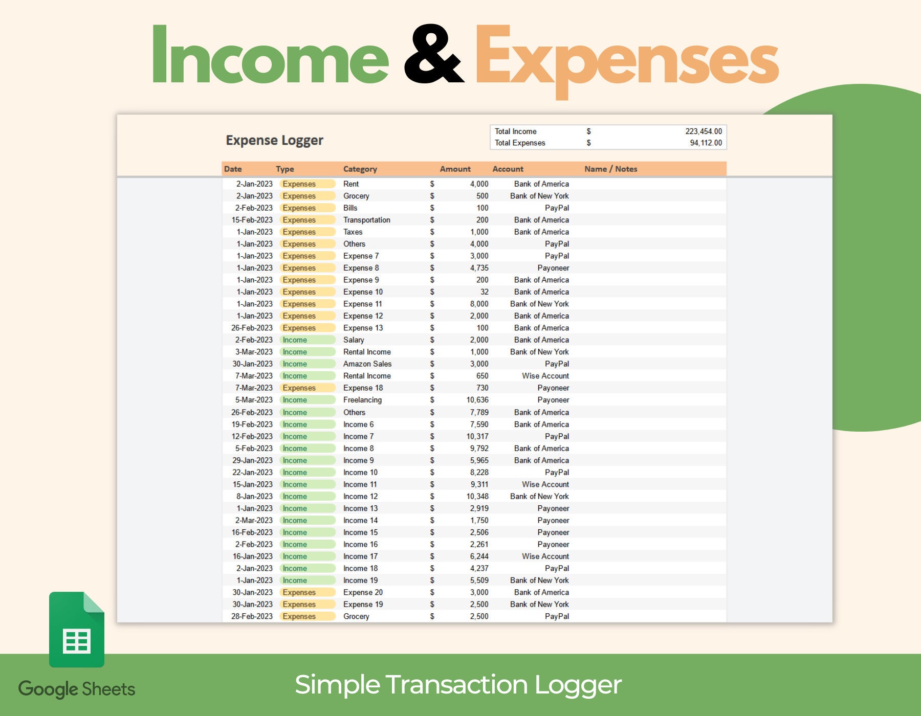 Income and Expense Tracker Google Sheets Spreadsheet - Easy Bookkeeping ...