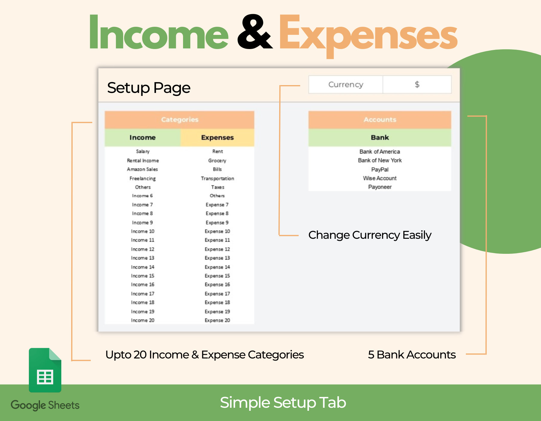Income and Expense Tracker Google Sheets Spreadsheet - Easy Bookkeeping ...