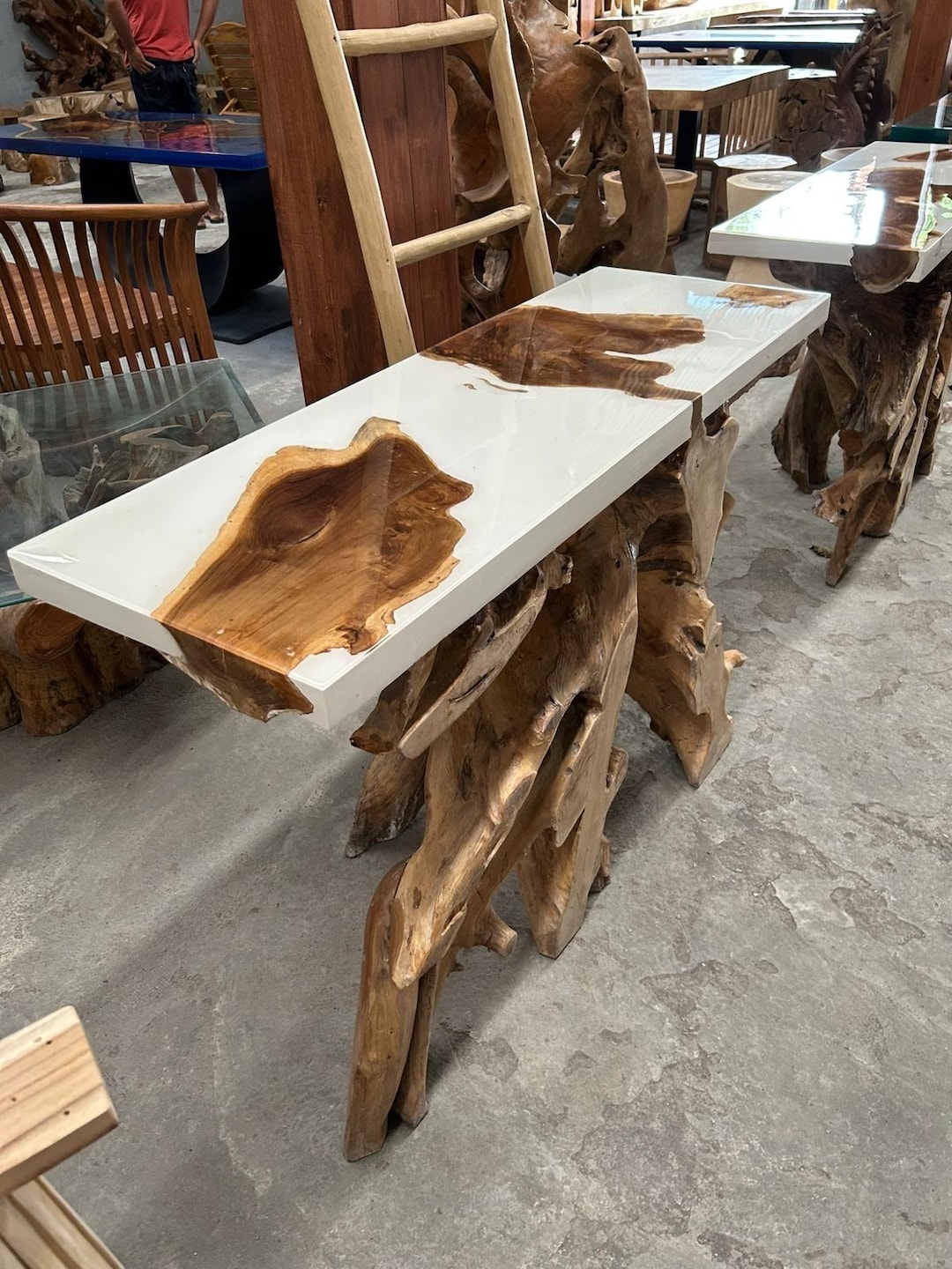 Teak Root Console Table White Epoxy Top - Etsy