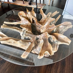 Teak Root Coffee Table With Round Glass Top - Etsy