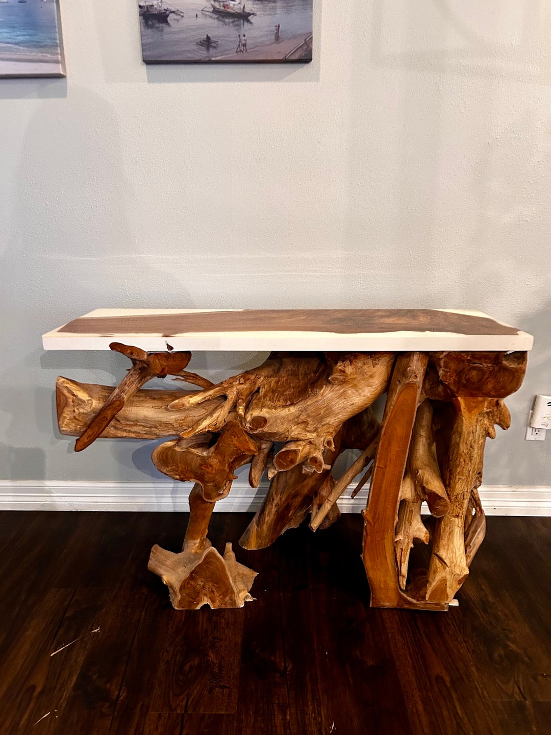 Teak Root Console Table White Epoxy Top - Etsy