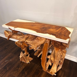 Teak Root Console Table White Epoxy Top - Etsy