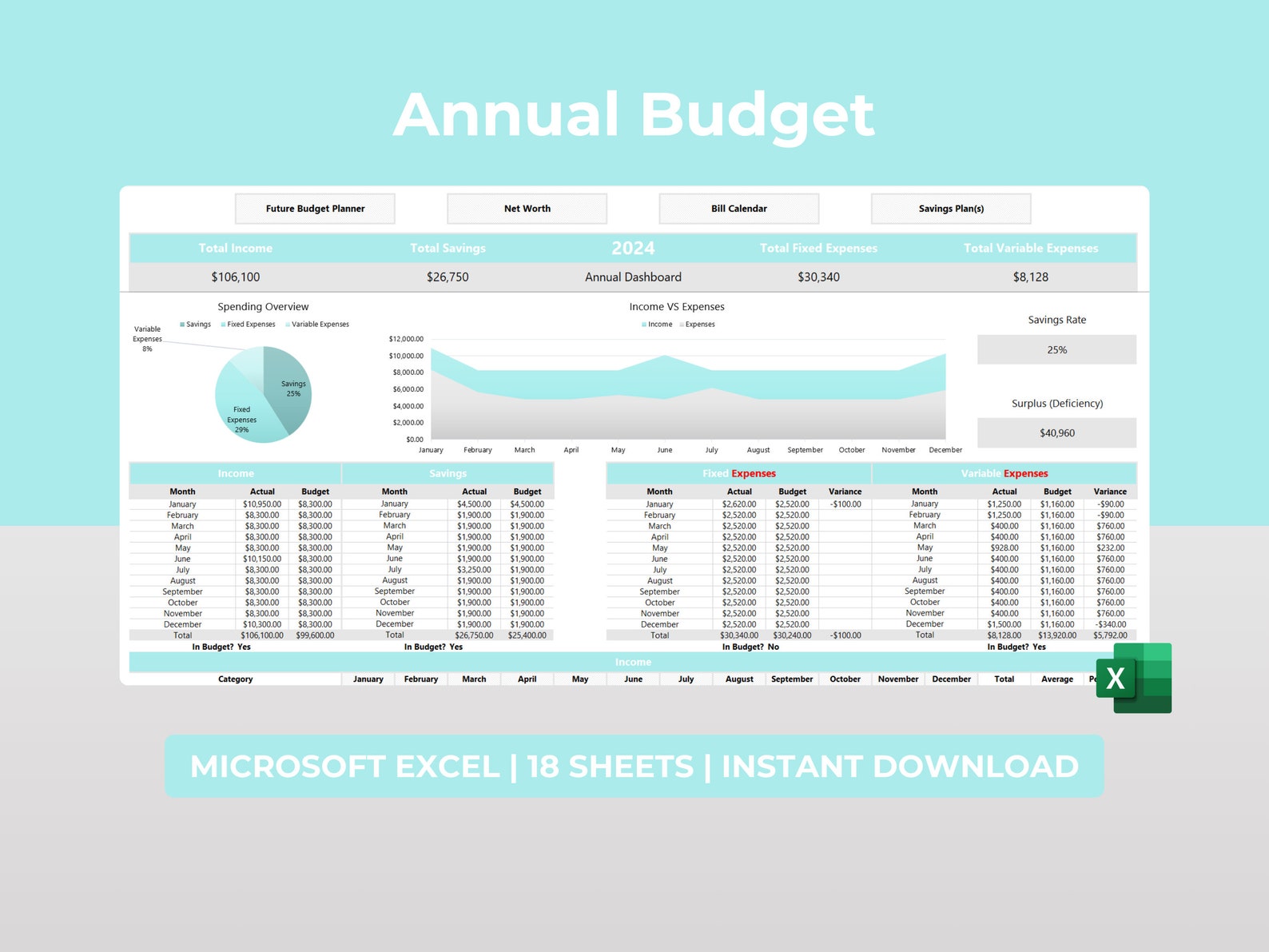 Annual Budget Spreadsheet for Excel, Budget Template, Bill Calendar ...