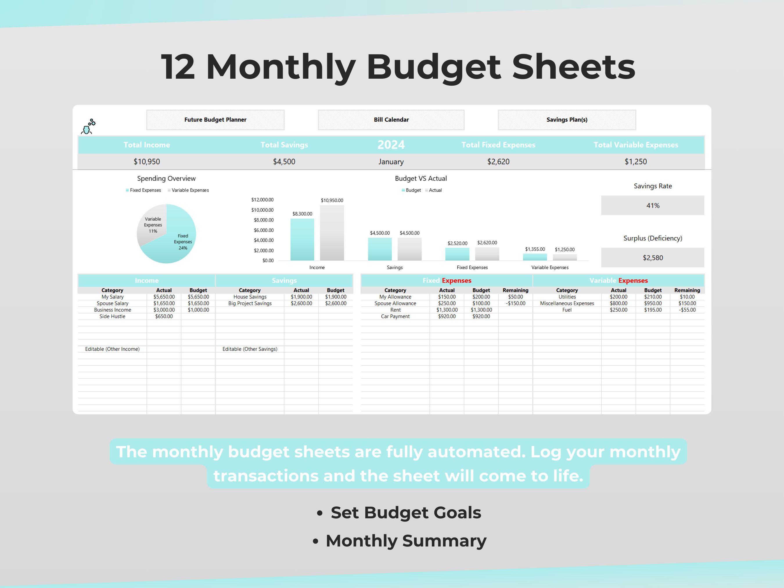 Annual Budget Spreadsheet for Excel, Budget Template, Bill Calendar ...