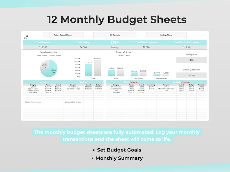 Monthly Budget Spreadsheet for Excel, Budget Template, Monthly Budget ...