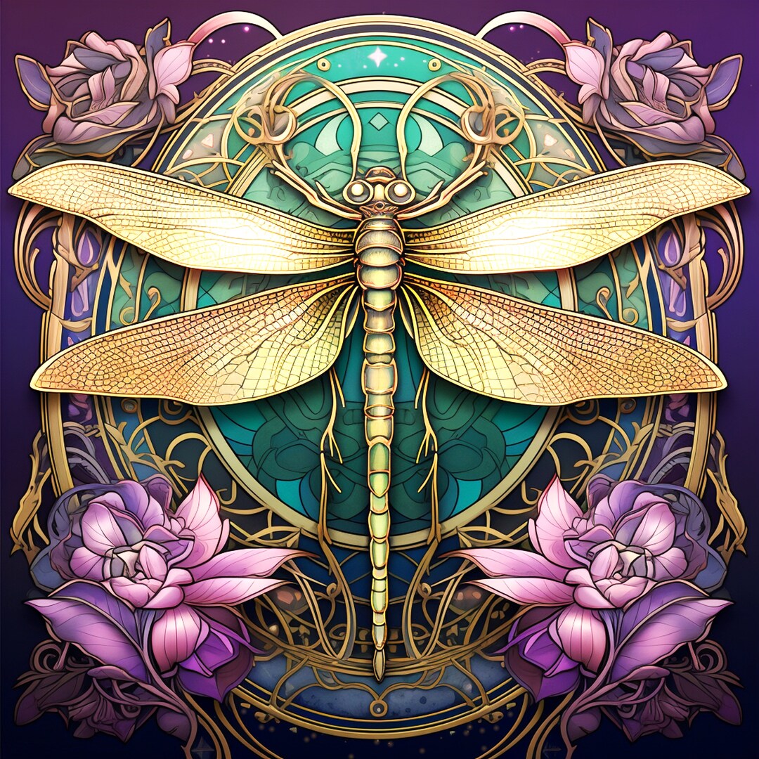 DIGITAL DOWNLOAD - Art Deco Dragonfly, Gold Wings, Aqua, Lavender - Etsy
