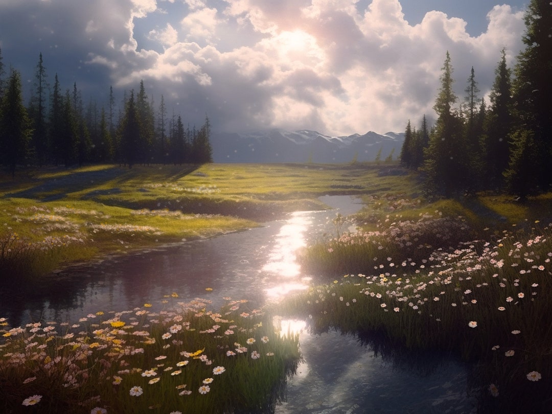 DIGITAL DOWNLOAD - Peaceful Meadow Mountains, Stream, Flowers, Clouds ...