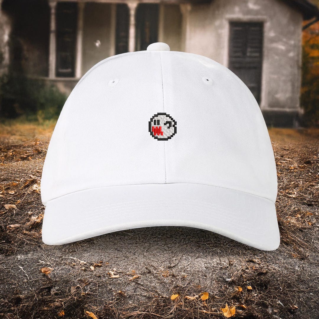 8-bit Ghost Hat – Pixel Embroidered White Dad Cap | Retro Gaming Boo ...