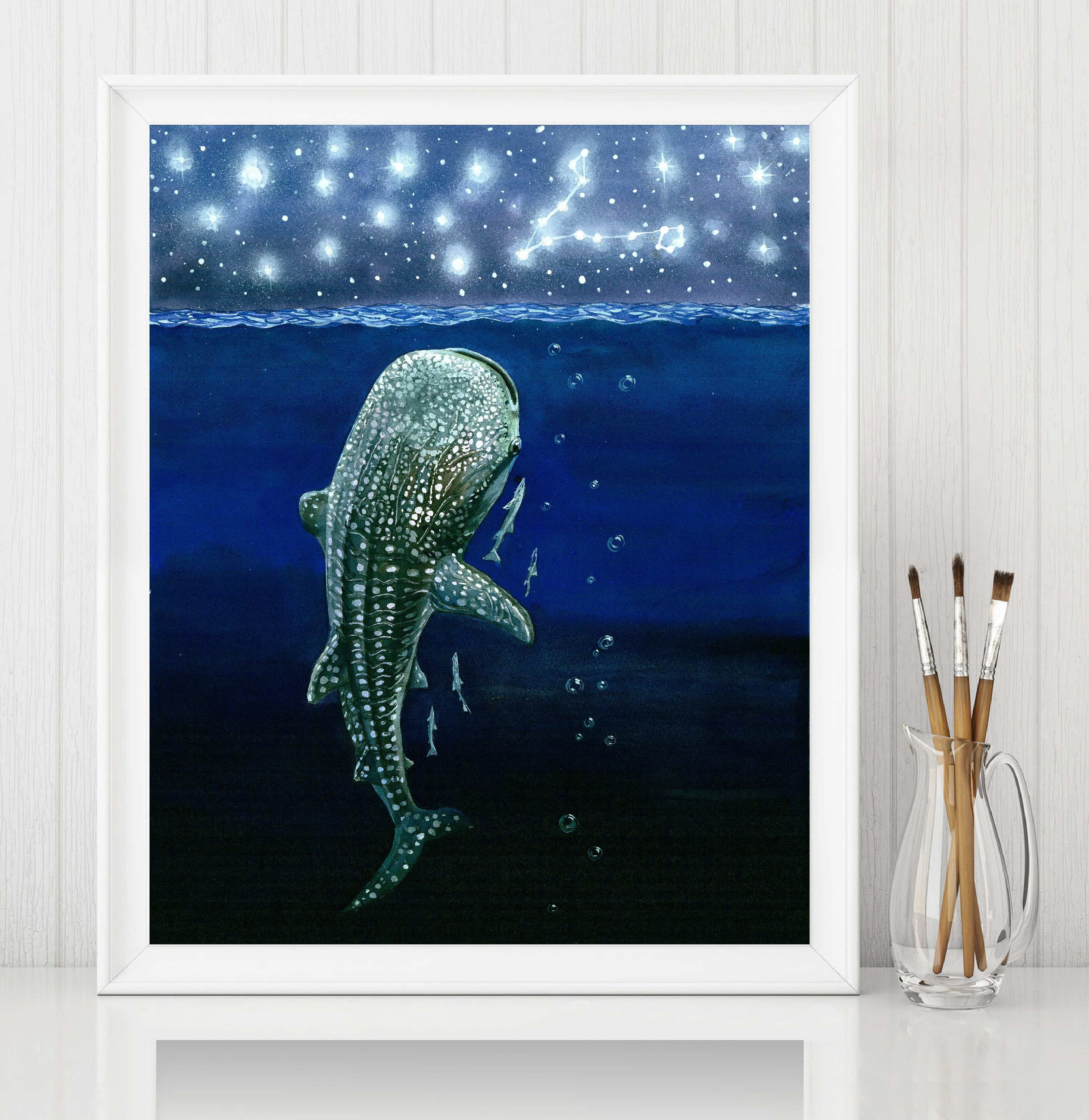 Watercolor Whale Shark Painting Whale Print Whale Art Beach Decor Shark Art stars Met Watercolor ...
