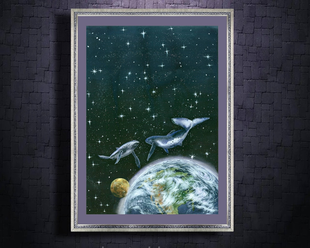 Blue Whales in Space Watercolor Painting, Galaxy Whale Art Print - Etsy