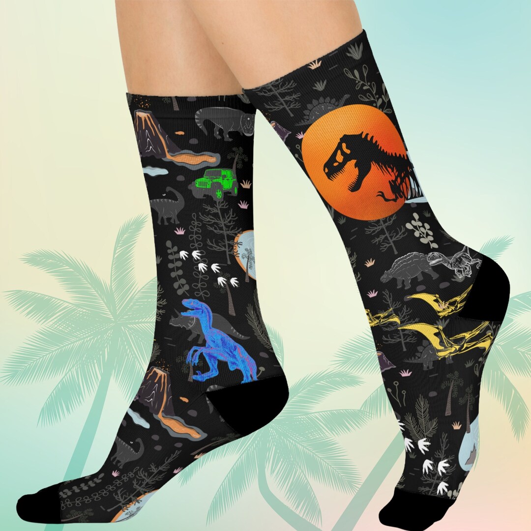 Socks, Cushioned Crew Socks, Dinosaur Socks, Jurassic Socks, Raptor ...