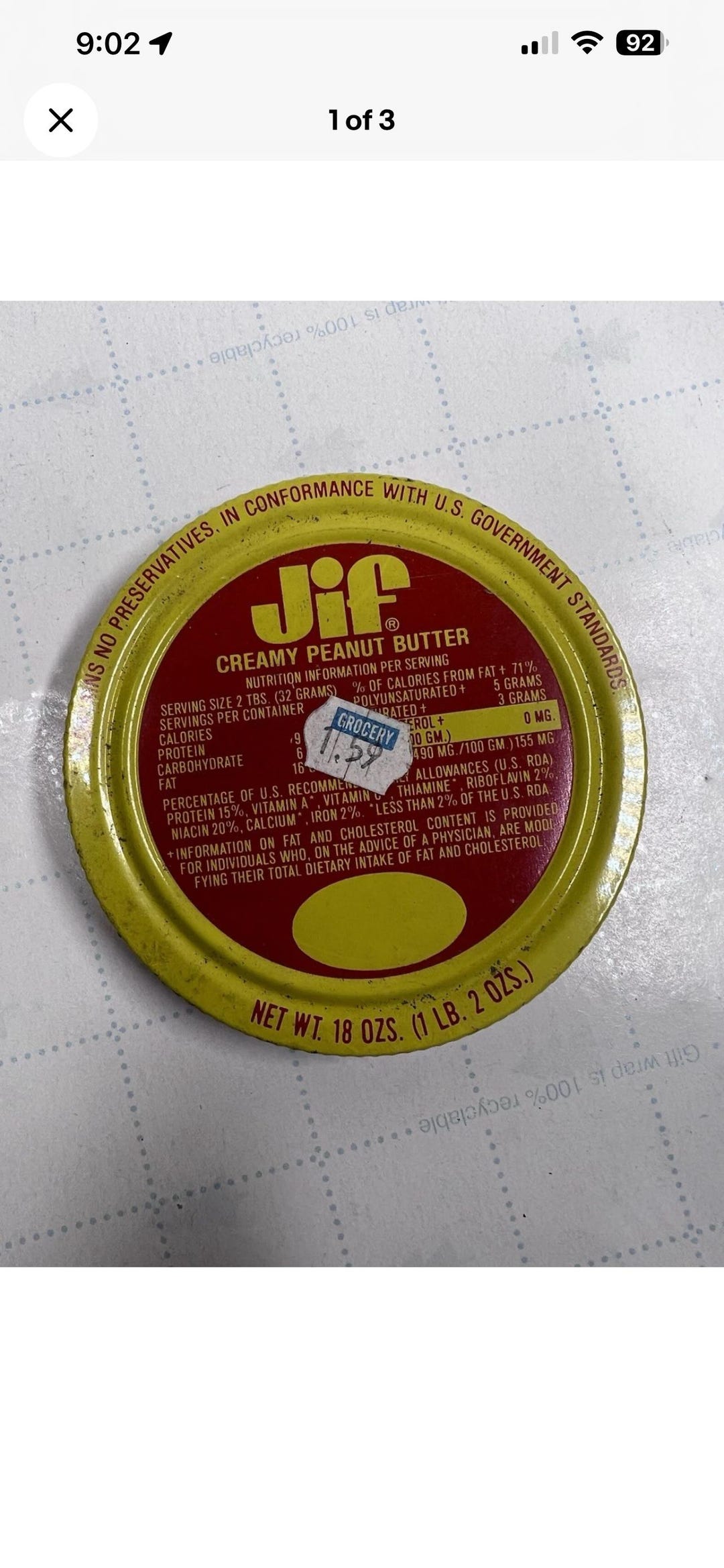 Jif Creamy Peanut Butter 18 Oz Vintage Metal Lid - Etsy