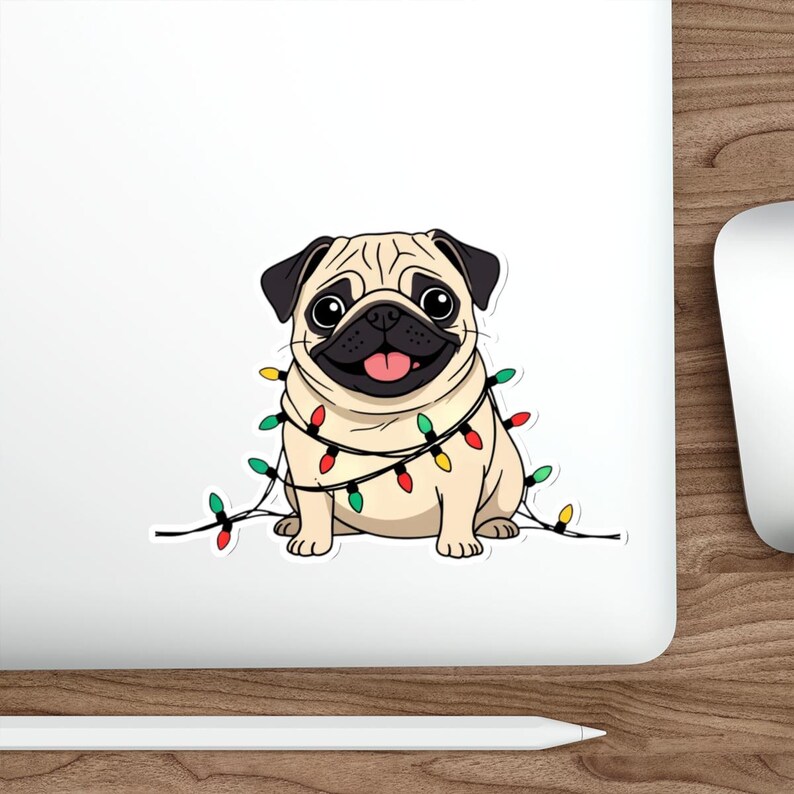 Pug Wrapped in Holiday Lights Die-cut Sticker, Animal Cartoon Decal ...