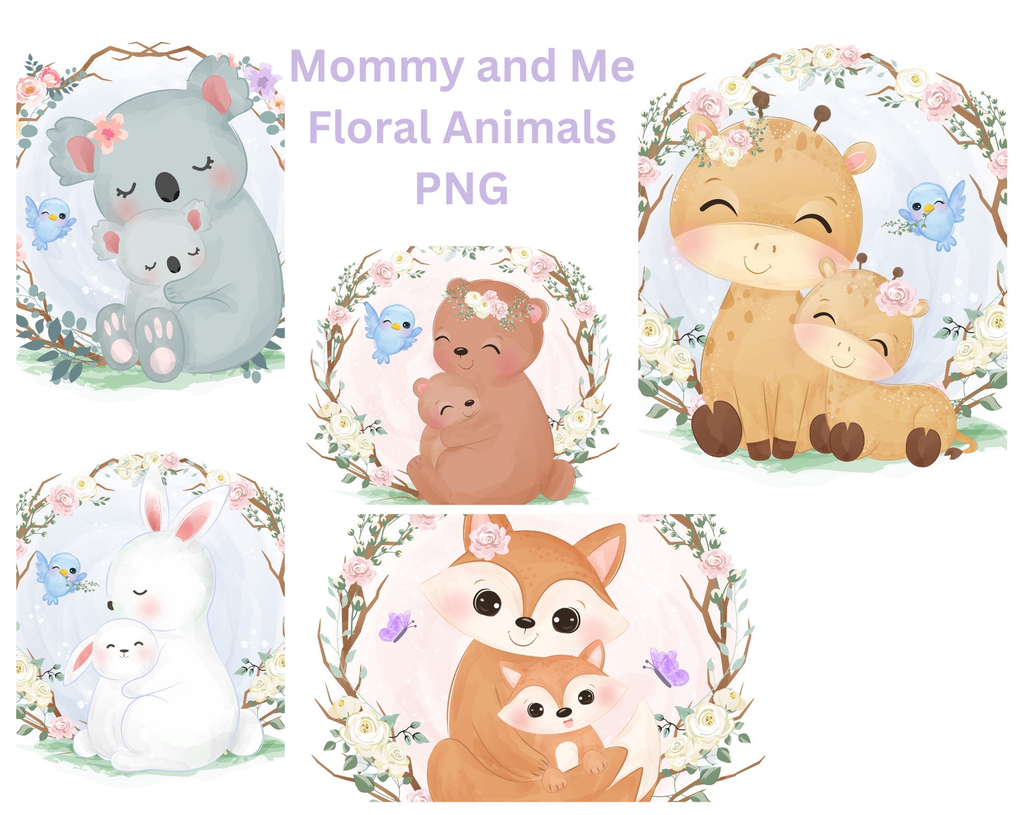 Cute Floral Animals PNG, Mommy and Me Animal, Mom and Baby PNG, Cartoon ...