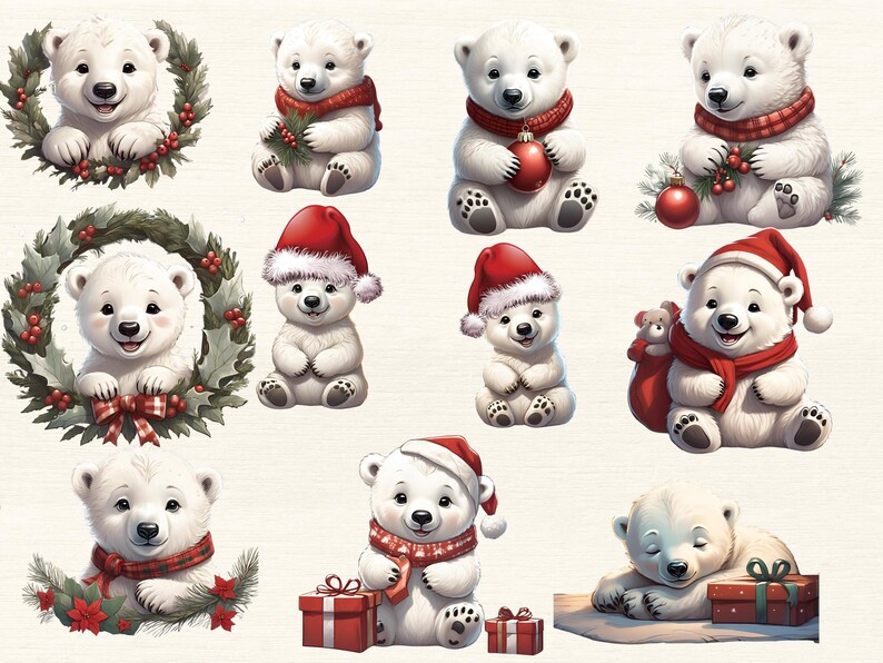 Christmas Cute Polar Bear Clipart Bundle Cute Baby Polar Bear PNG Santa ...