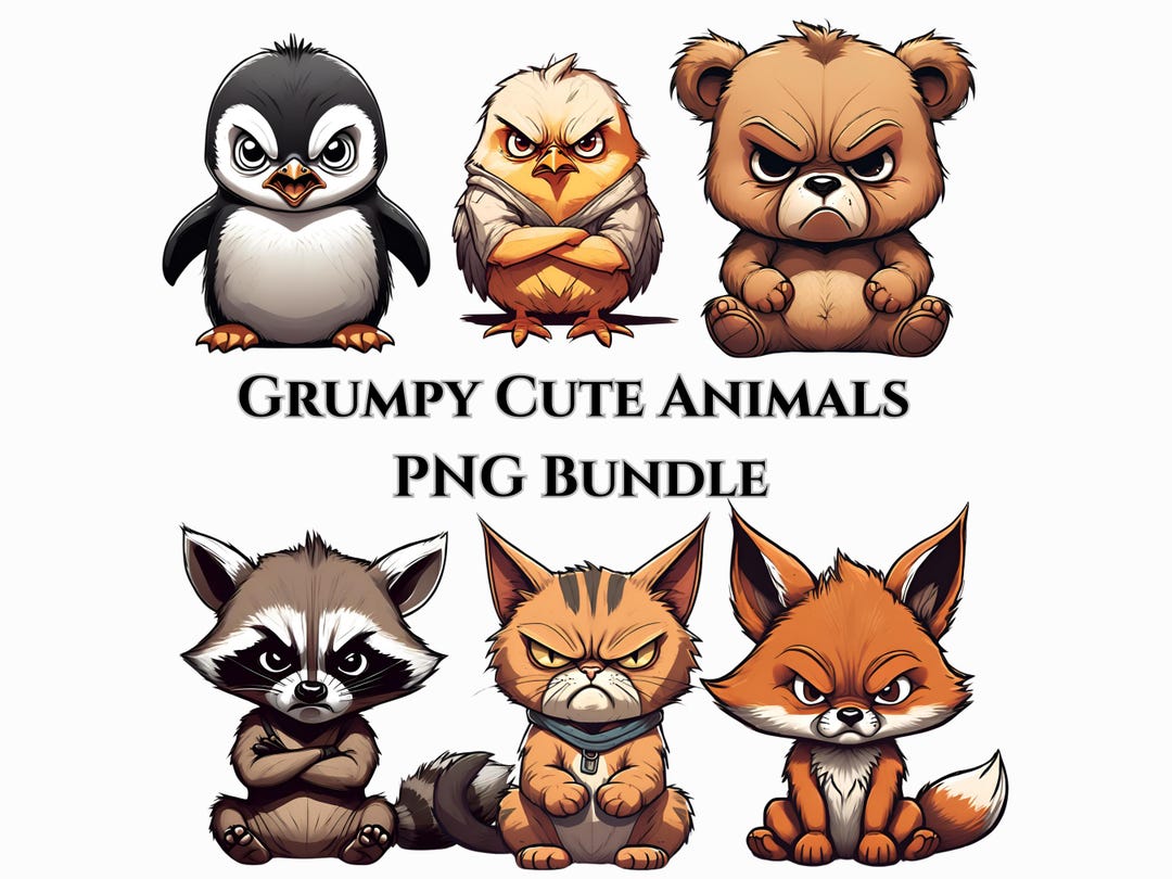 Funny Cute and Grumpy Animals Clipart Bundle | Cute Angry Animals Png ...