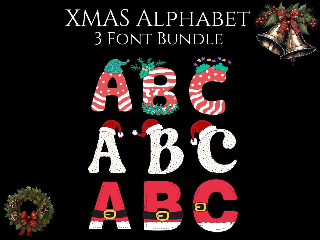Christmas Alphabet Set of 3 PNG Bundle | Xmas Doodle Alphabet | Holiday ...