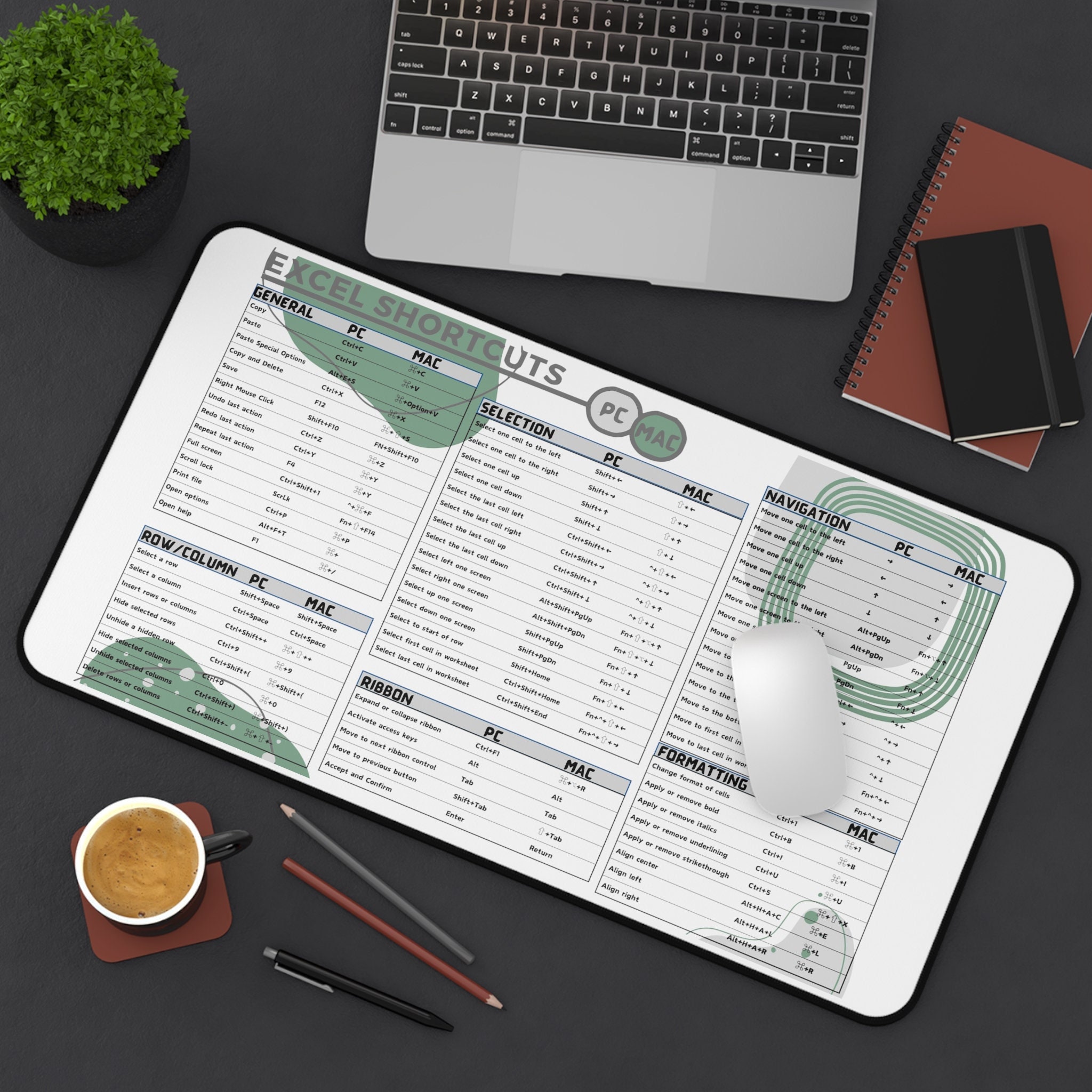 Excel Shortcuts Desk Mat for Dorm Office Desk Pad Mouse Pad Deskpad ...