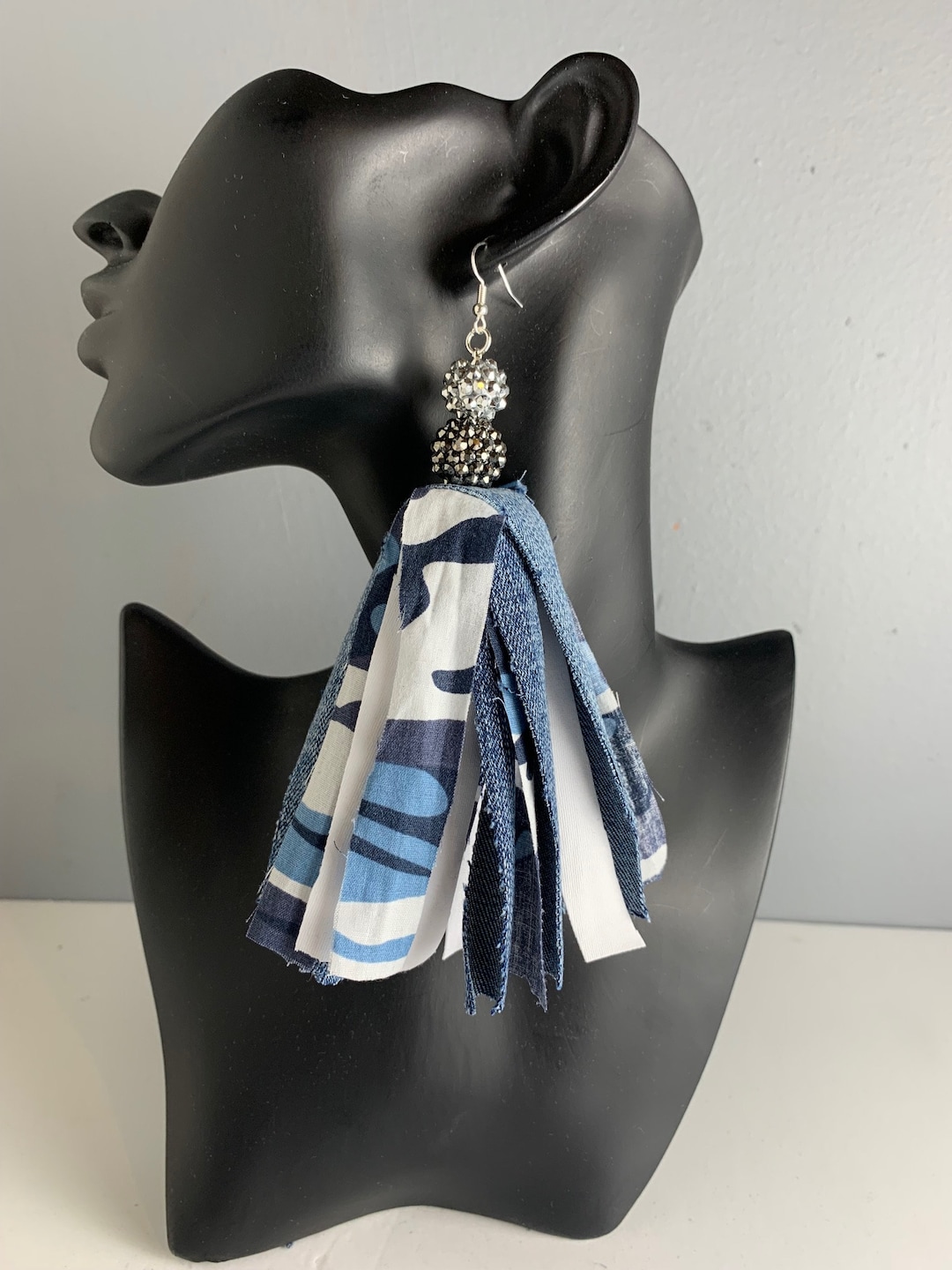 Blue Camo, Denim, and White Faux Leather Earrings, Blue Earrings, Denim ...