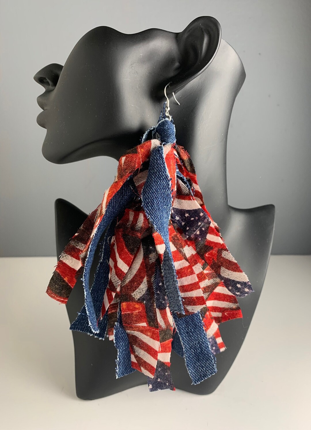 Denim American Flag Tassel Earrings, Denim Earrings, Red White and Blue ...