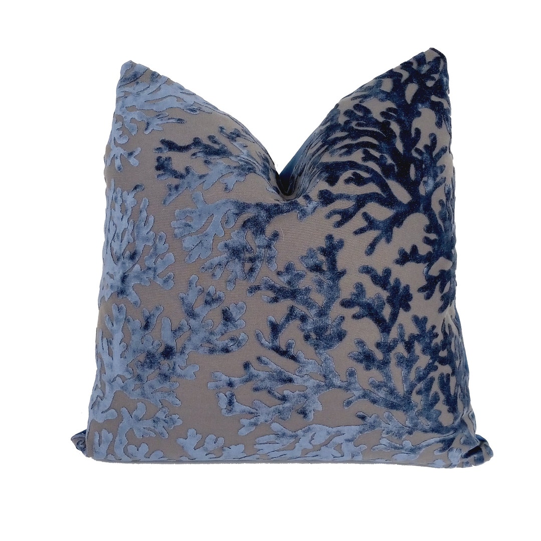 Navy Blue Cut Velvet Pillow Cover Blue Coral Pattern 20 X 20 Euro Throw ...