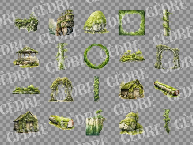 Watercolor Moss Clipart, Moss Plant Clipart, Green Mossy Rocks Clipart ...