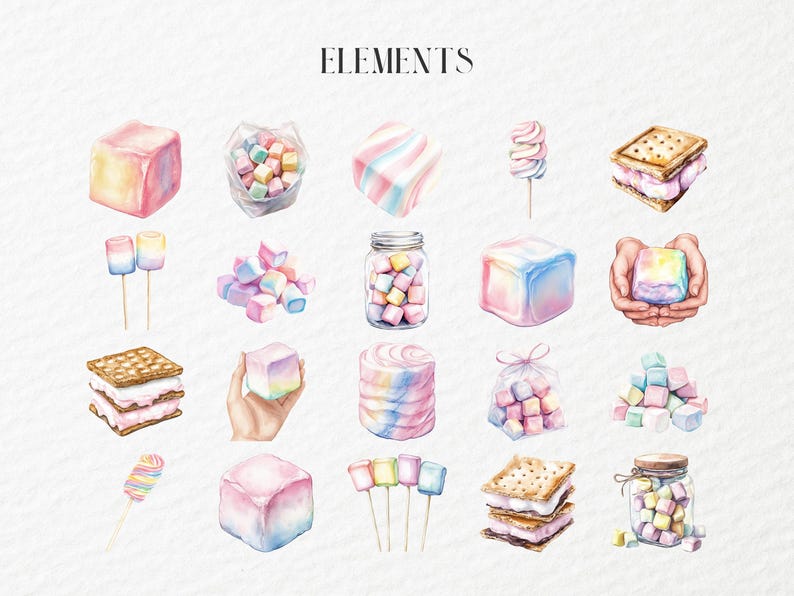 Watercolor Pastel Marshmallows Clipart, Soft Toasted Smores Dessert ...