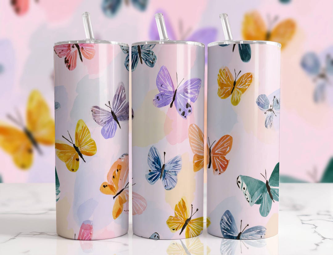20 Oz Skinny Tumbler Wrap, Pastel Butterflies, Fairy Wings, Straight ...
