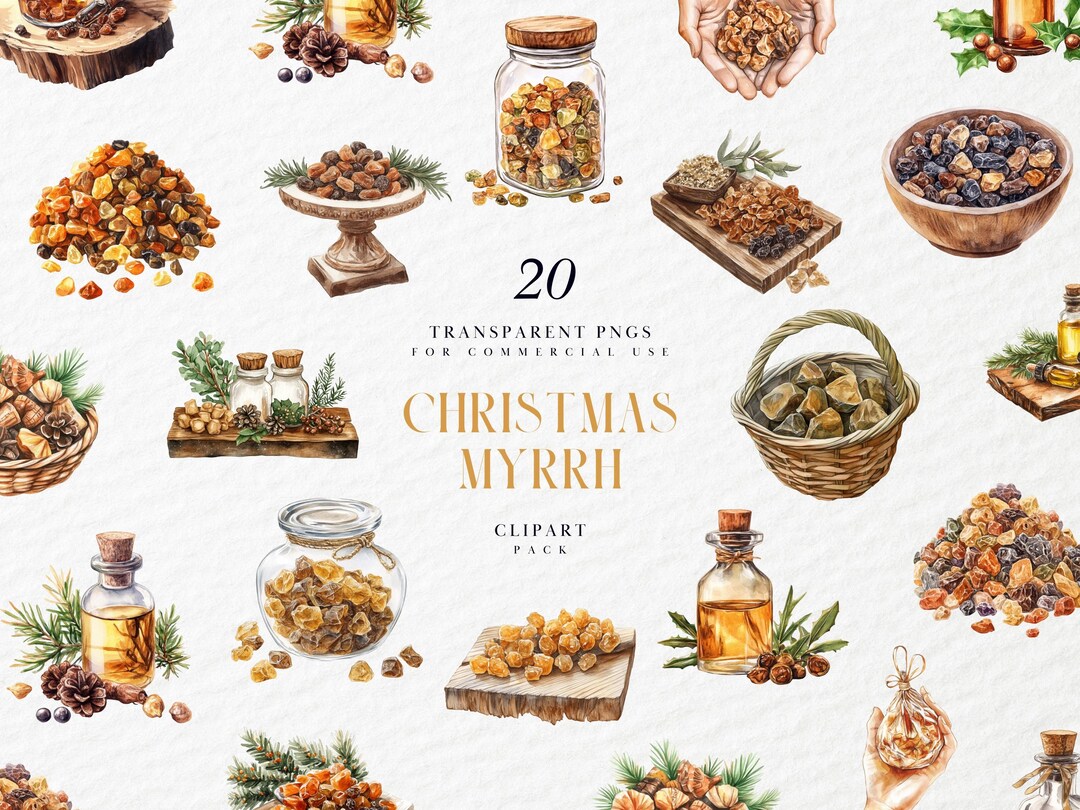Watercolor Christmas Myrrh Clipart, Essential Oils, Spices Herbs, Fresh ...