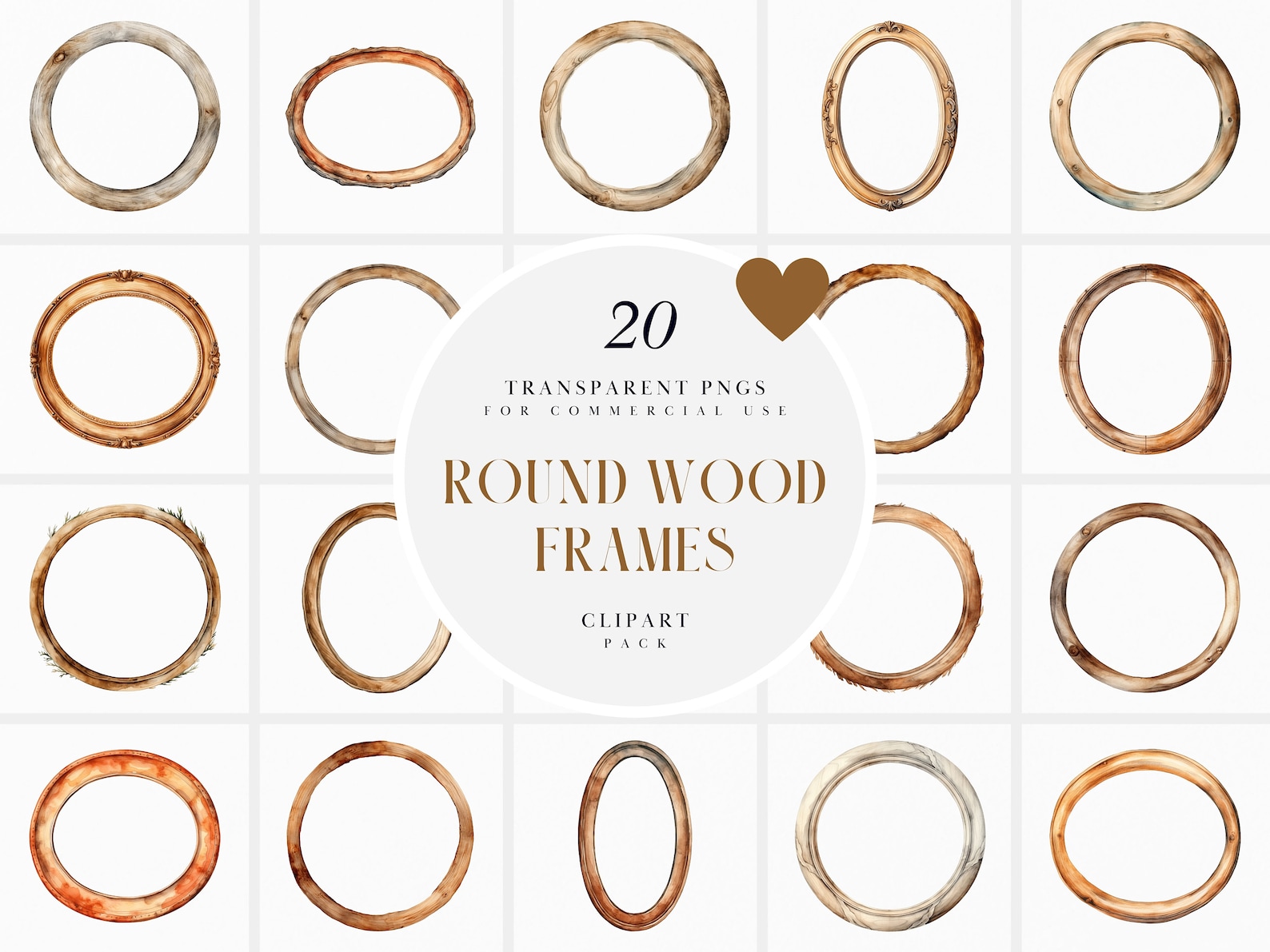 Watercolor Round Wooden Frame Clipart, Brown Oval Wood Frame Clipart ...