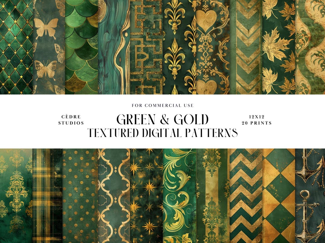 Green and Gold Digital Patterns, Golden Patterned Digital Papers ...