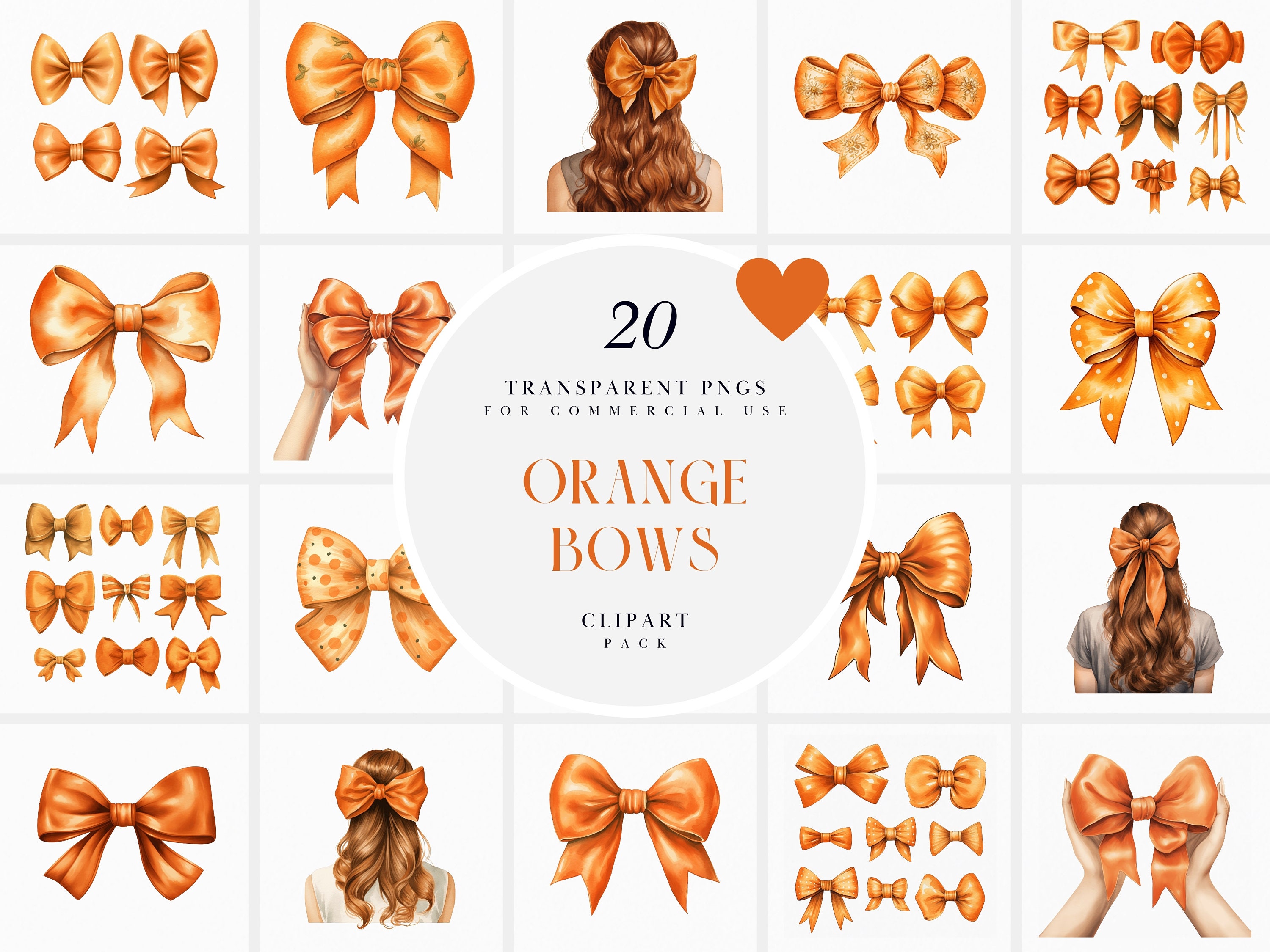 Watercolor Orange Bow Clipart, Orange Hair Bows Clipart, Orange Ribbon ...